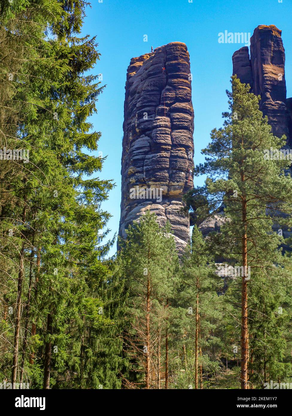 Rock formation with mountaineers in Saxon Switzerland, a national park ...