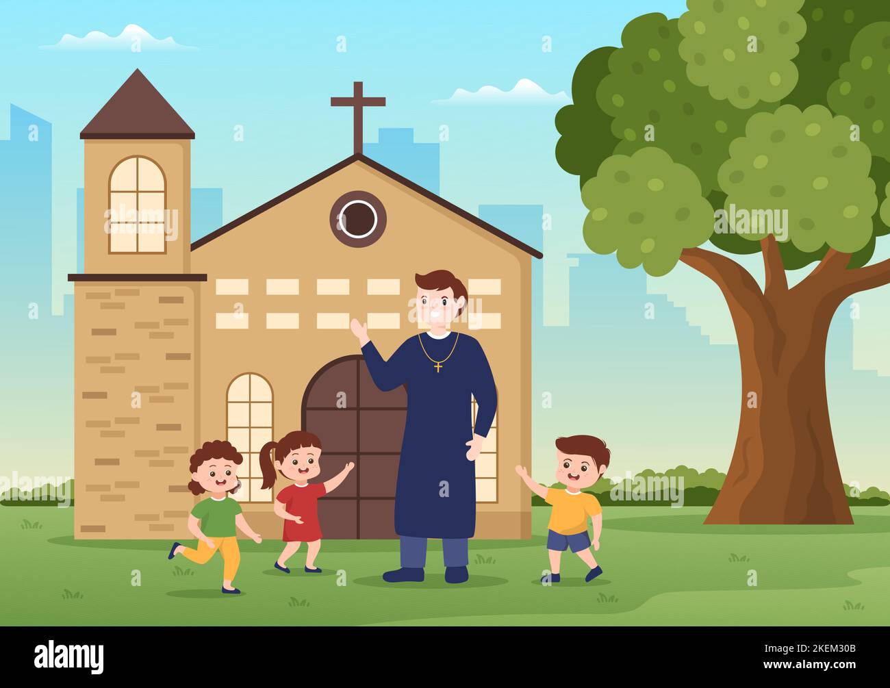 Pastor is Playing with Some Kids in Front of the Inner Catholic church ...