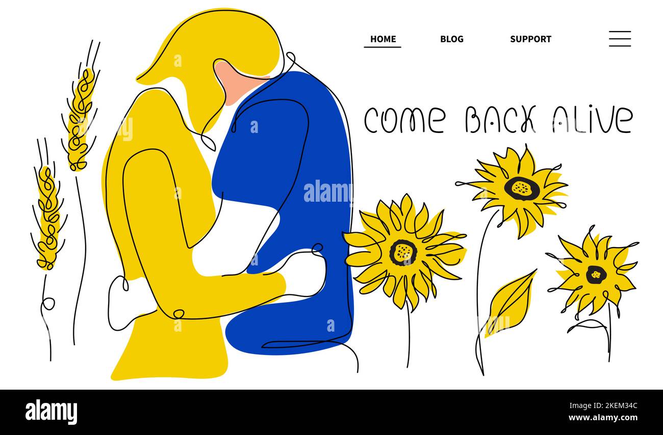 Vector with Ukrainian people couple hugs, sunflower, wheat and ...