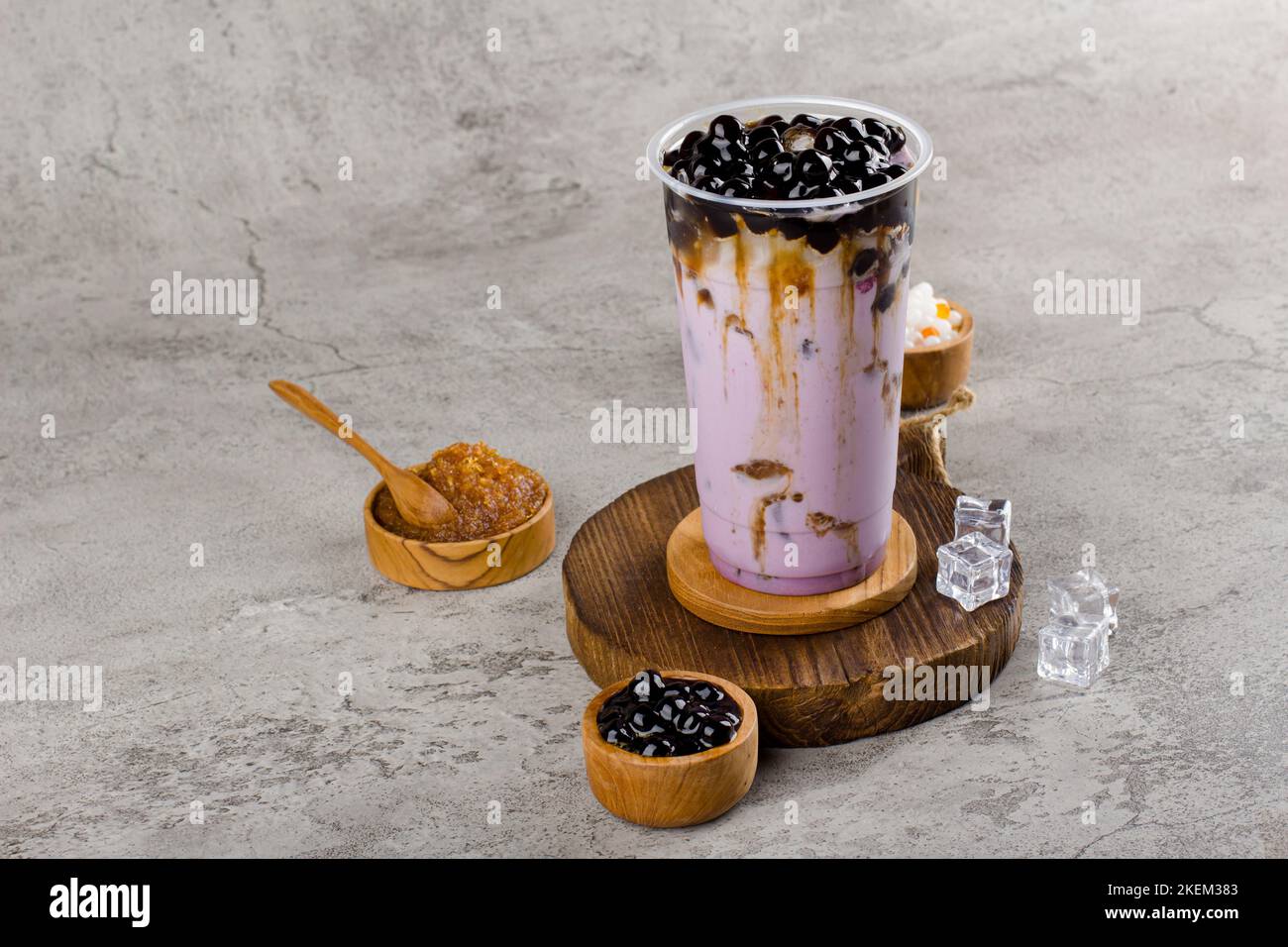 Boba or tapioca pearls is taiwan bubble milk tea in plastic cup with ...