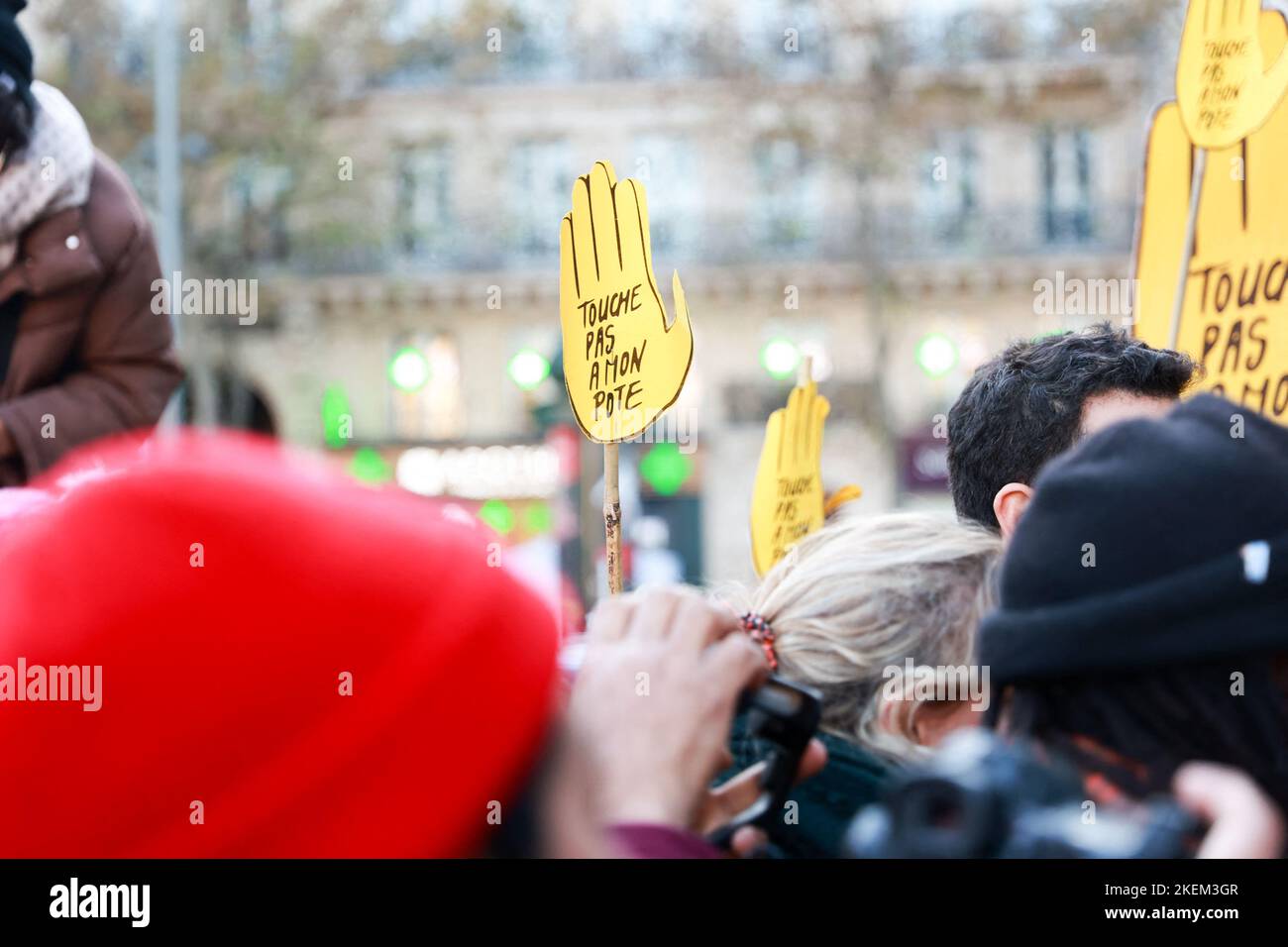 A hand-shaped sign don't touch my buddy. Demonstration against racism ...