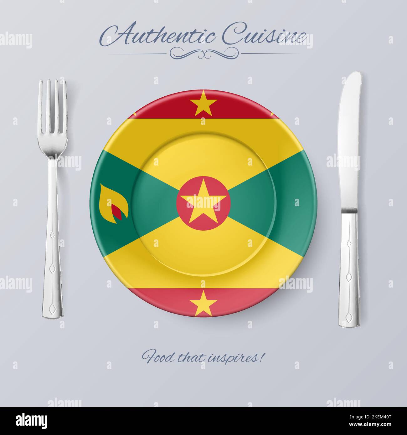 Authentic Cuisine of Grenada. Plate with Grenadian Flag and Cutlery ...