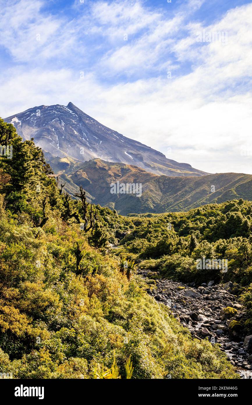 A scenic vertical view of the beautiful Taranaki mountain surrounded by ...