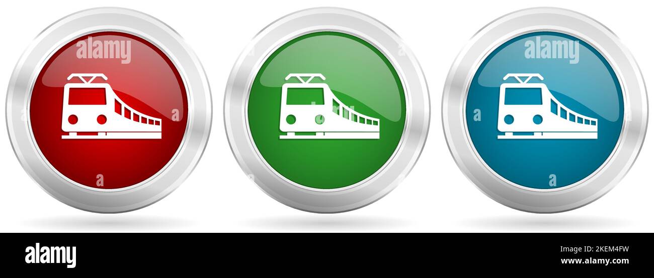 Train, railway, transportation vector icon set. Red, blue and green ...