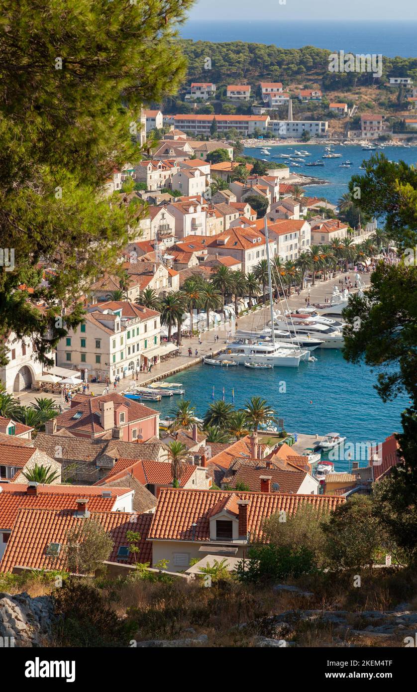 Elevated view of the waterfront in Hvar Town, Hvar Island, Croatia ...