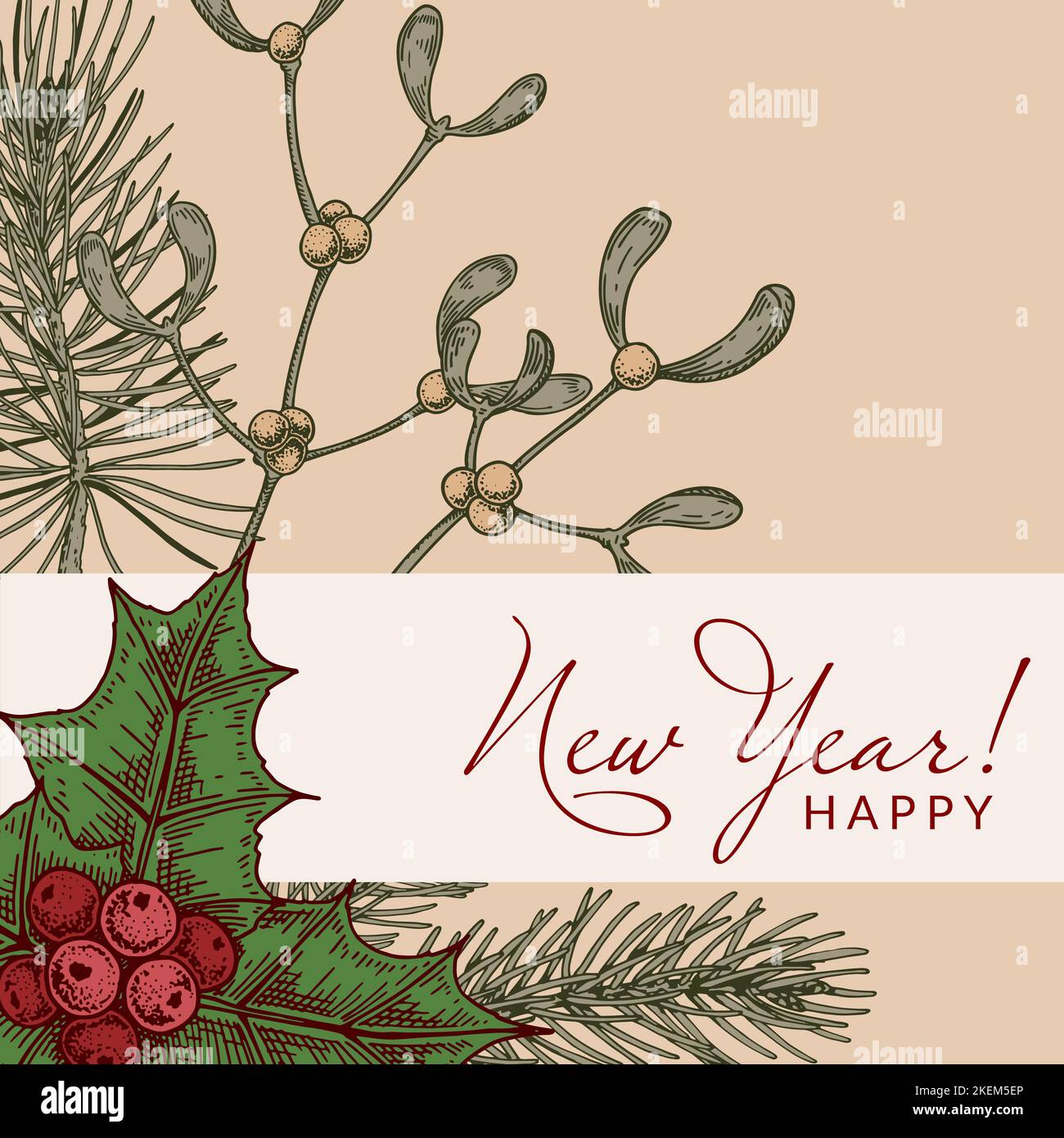 Merry Christmas and Happy New Year greeting card with hand drawn holly ...