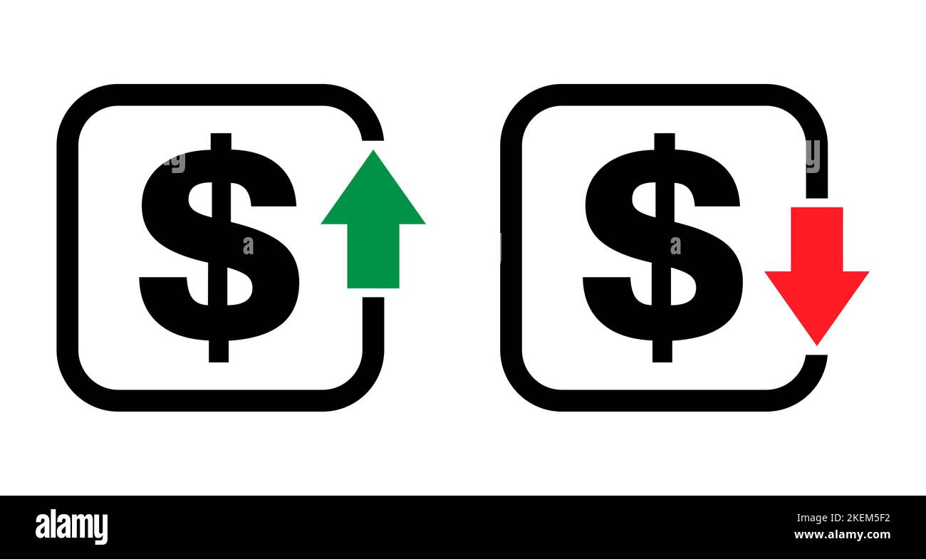 Set of cost symbol dollar increase and decrease icon. Money vector symbol isolated on background ...