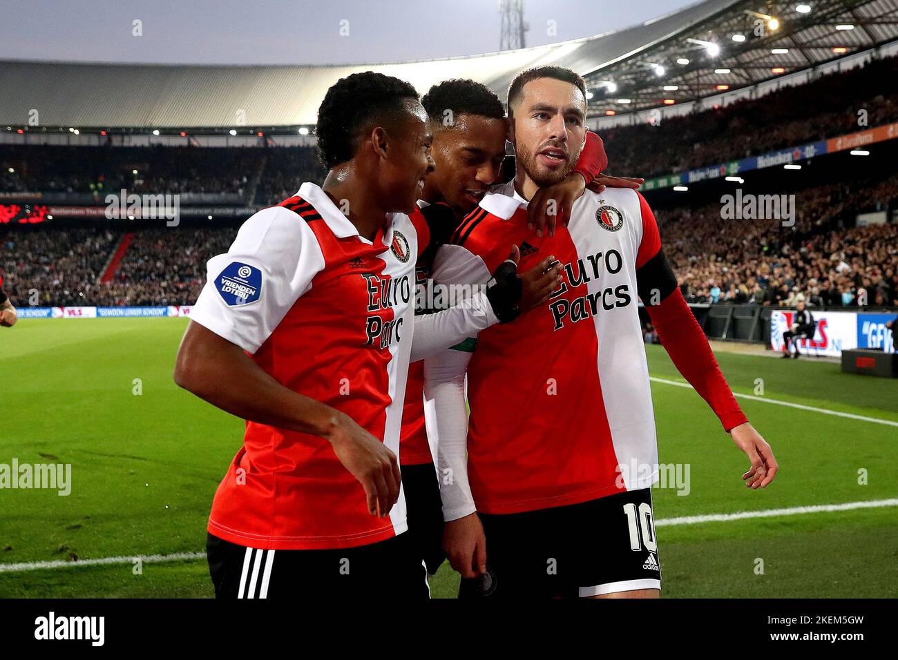 ROTTERDAM - (lr) Igor Paixao of Feyenoord, Quinten Timber of Feyenoord, Orkun Kokcu of Feyenoord ...
