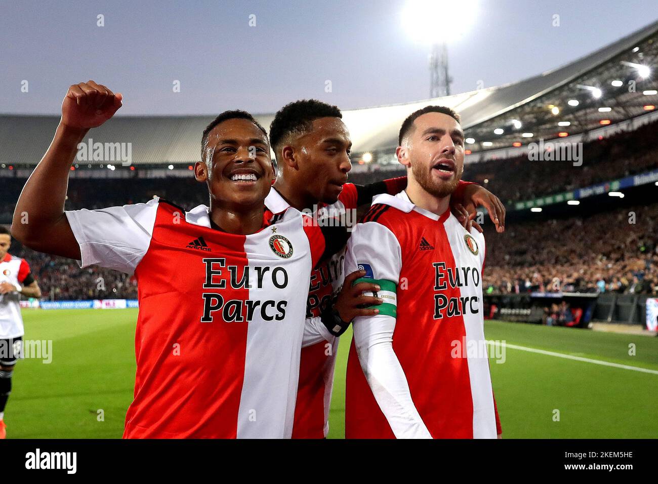 ROTTERDAM - (lr) Igor Paixao of Feyenoord, Quinten Timber of Feyenoord, Orkun Kokcu of Feyenoord ...