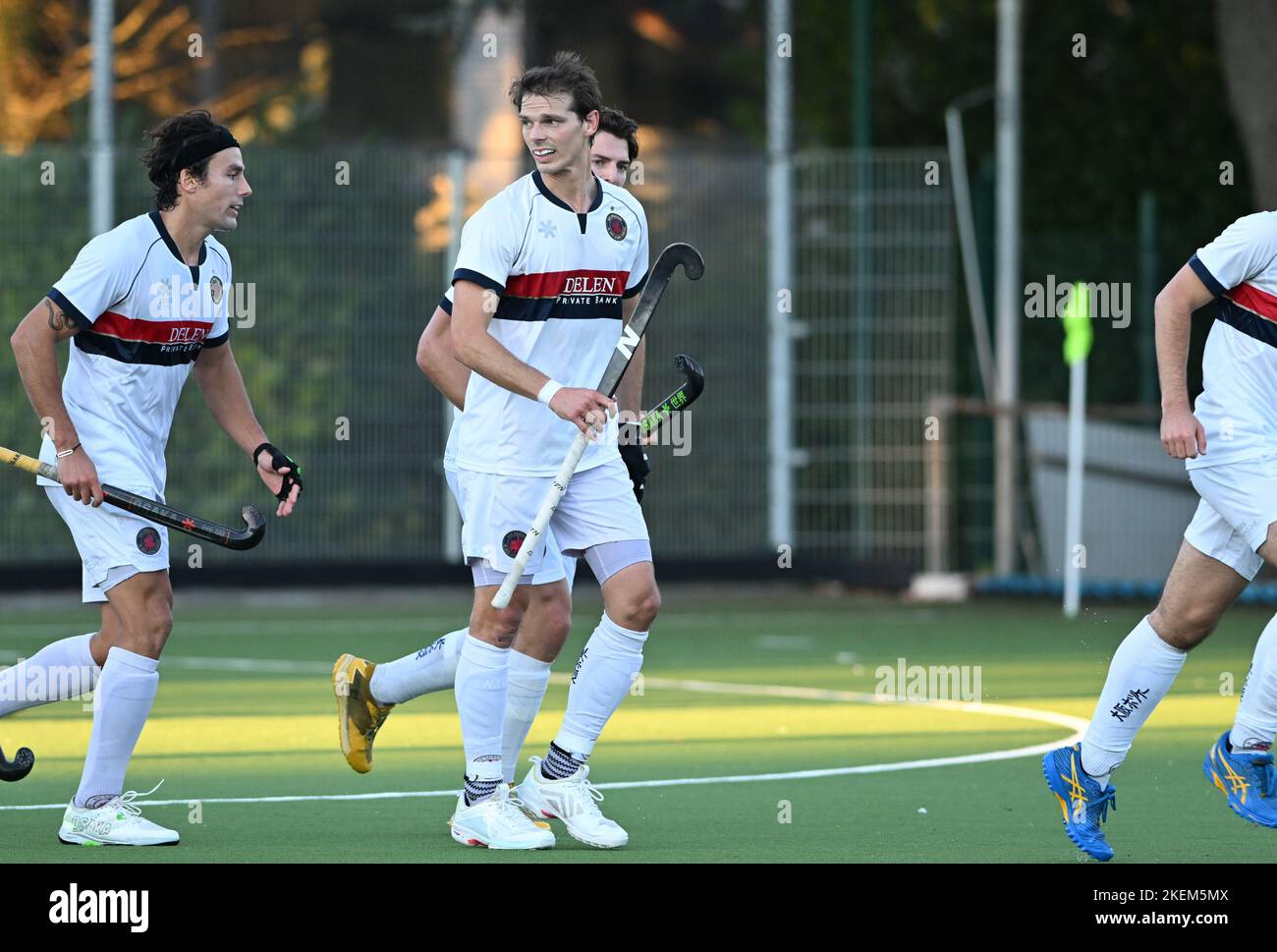 Dragons' Felix Denayer celebrates after scoring during a hockey game ...