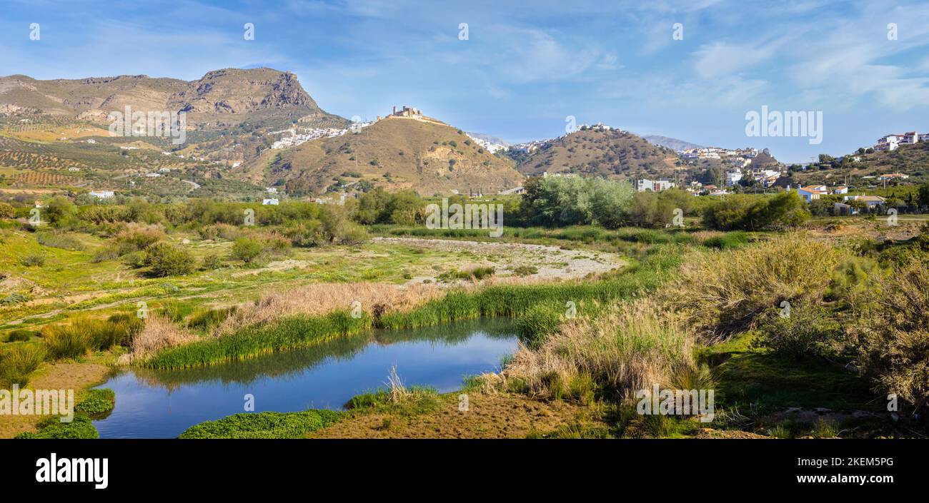 Alora, Malaga Province, Andalusia, Spain, seen across the Guadalhorce ...