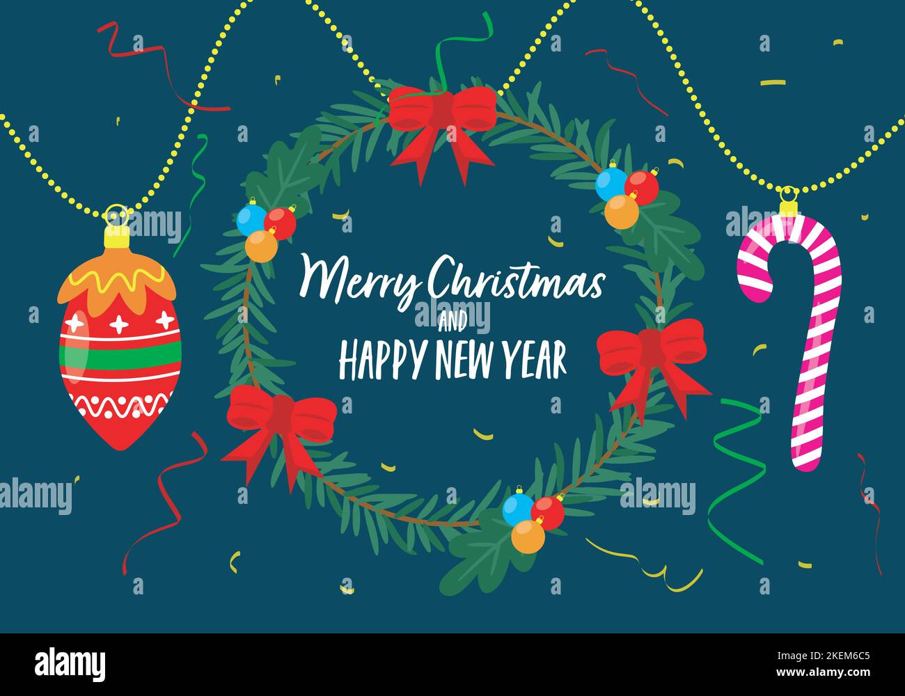 cartoon merry christmas and happy new year banner with holly wreath ...