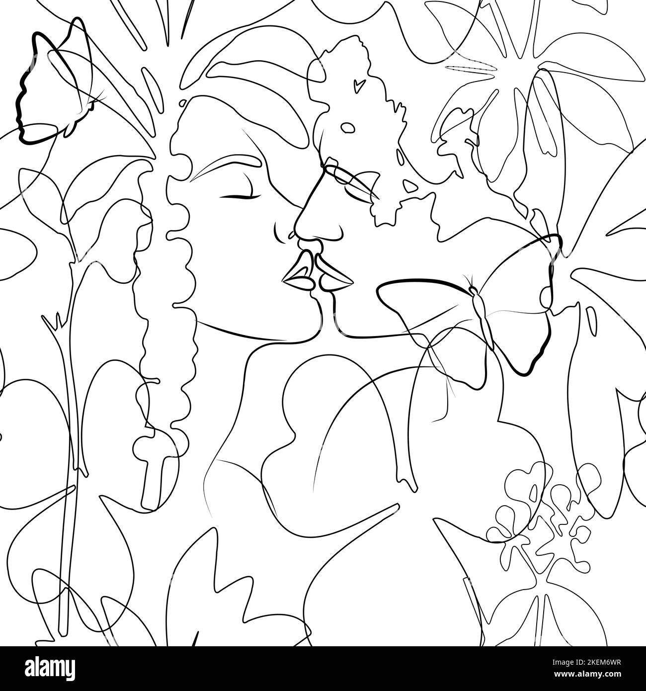 Modern minimalistic portraits with plants in doodles. A set of seamless ...