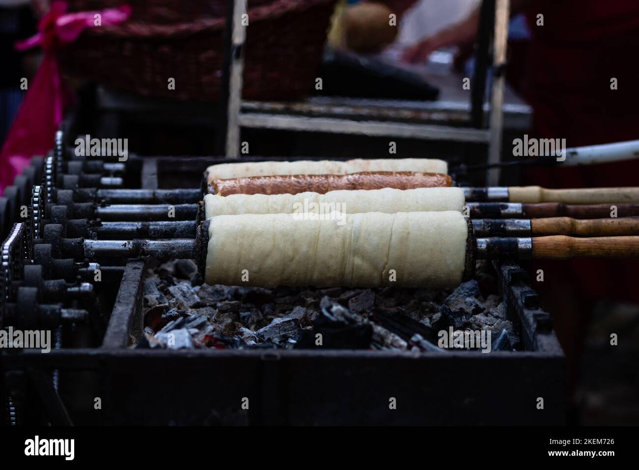 Kurtos Kolacs (Kürtőskalács). Traditional Hungarian cake, baked with ...
