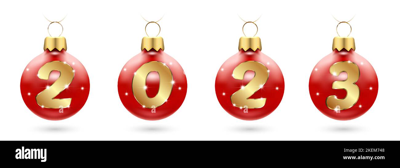 Christmas decorations on red Christmas balls. Numbers 2023 with golden ...