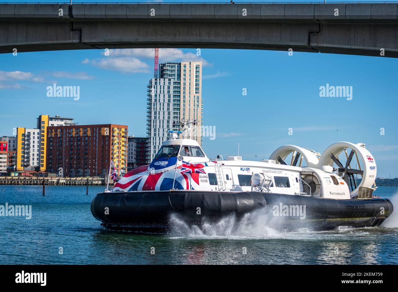 A Union Jack hovercraft in Southampton, Hampshire with Itchen Bridge in ...