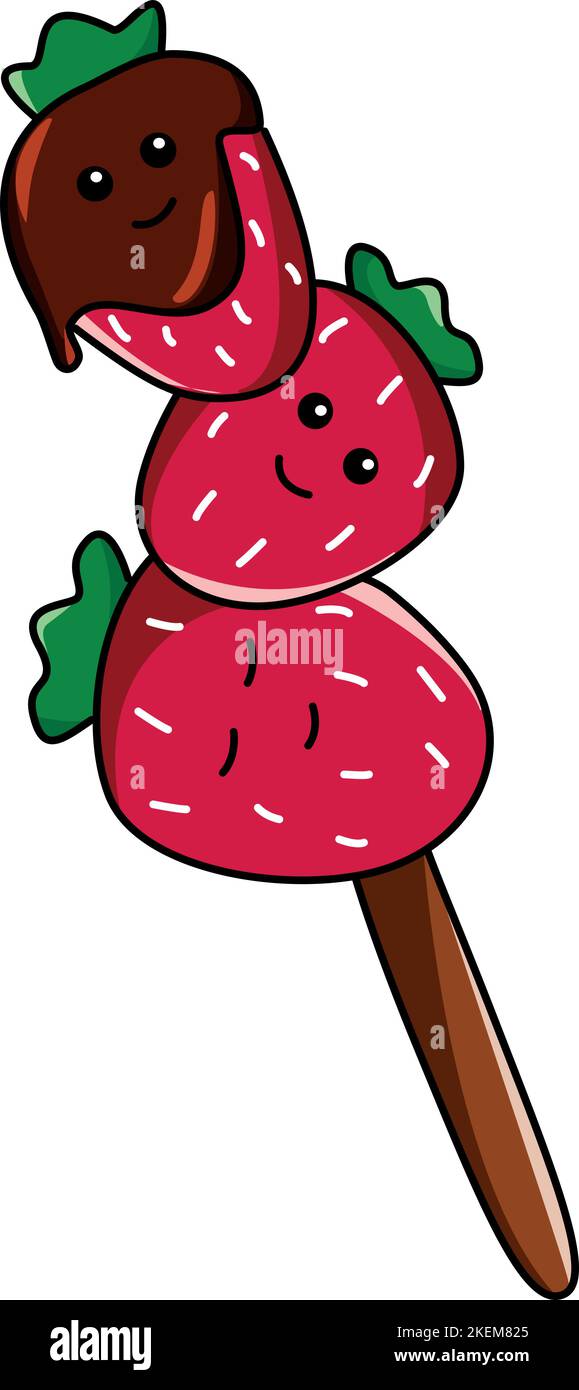 A wooden stick with cute happy cartoon strawberries coated in chocolate ...