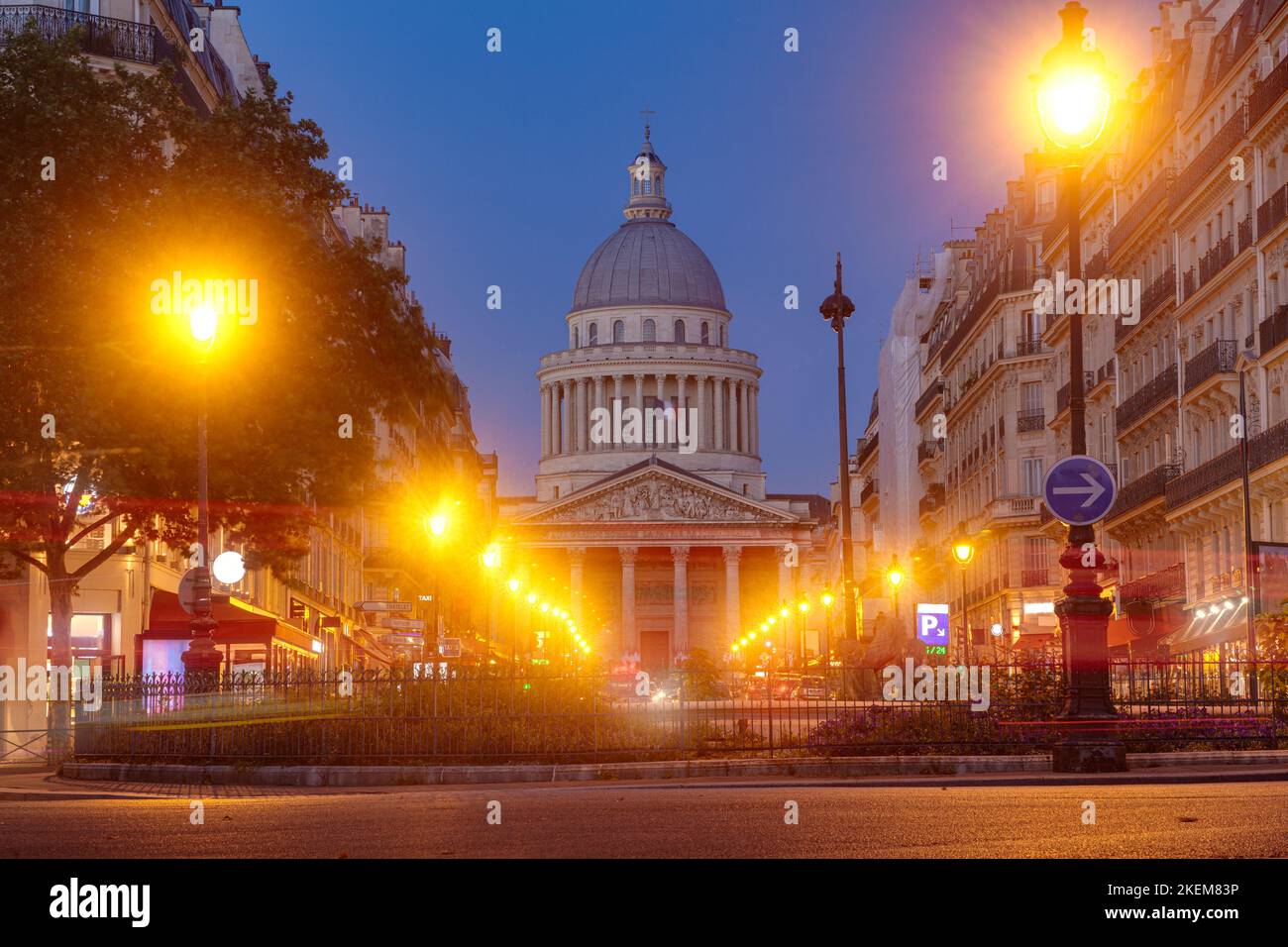 View of the Pantheon building in Paris at sunset time with the street ...