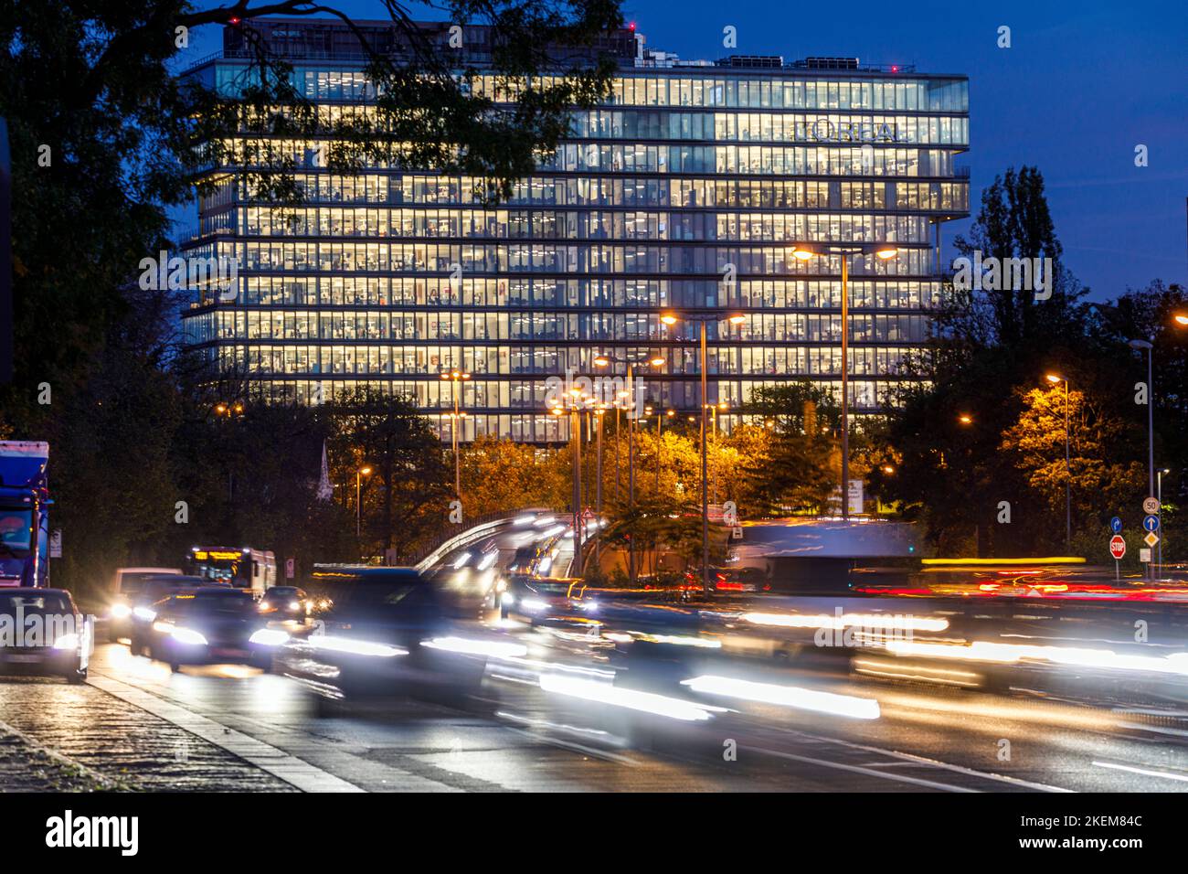 Rush hour traffic after work, in the background office building L'Oréal ...
