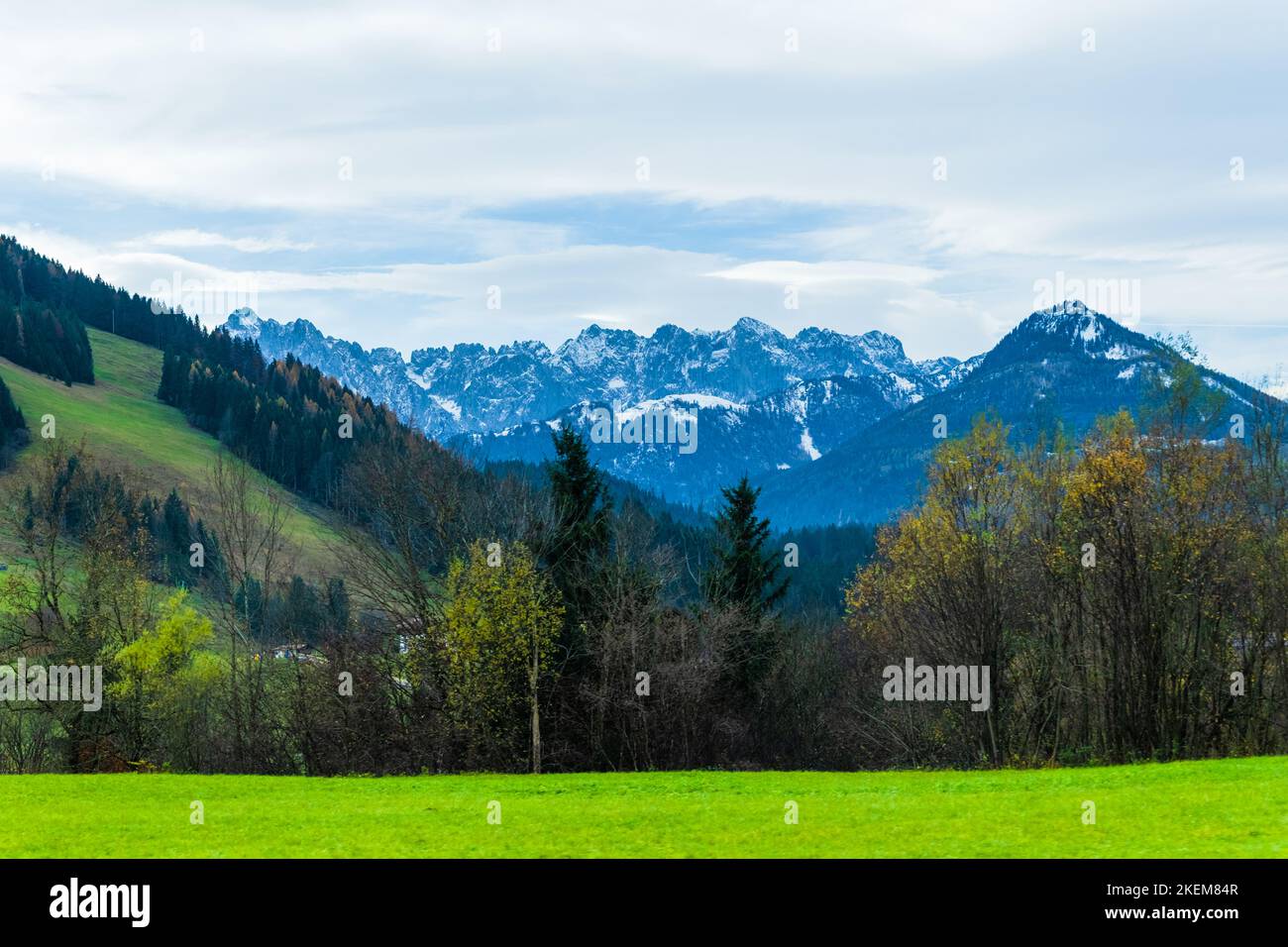 Austrian alps, Green meadows, alpine cottages and mountains Stock Photo ...
