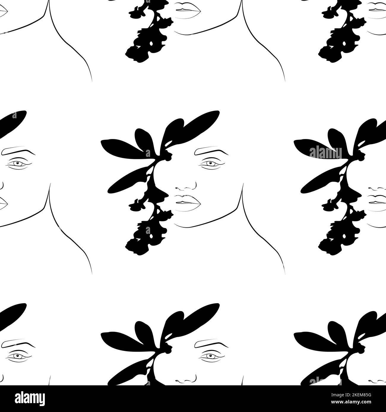 A continuous line drawing with a female face, leaves Stock Vector Image ...