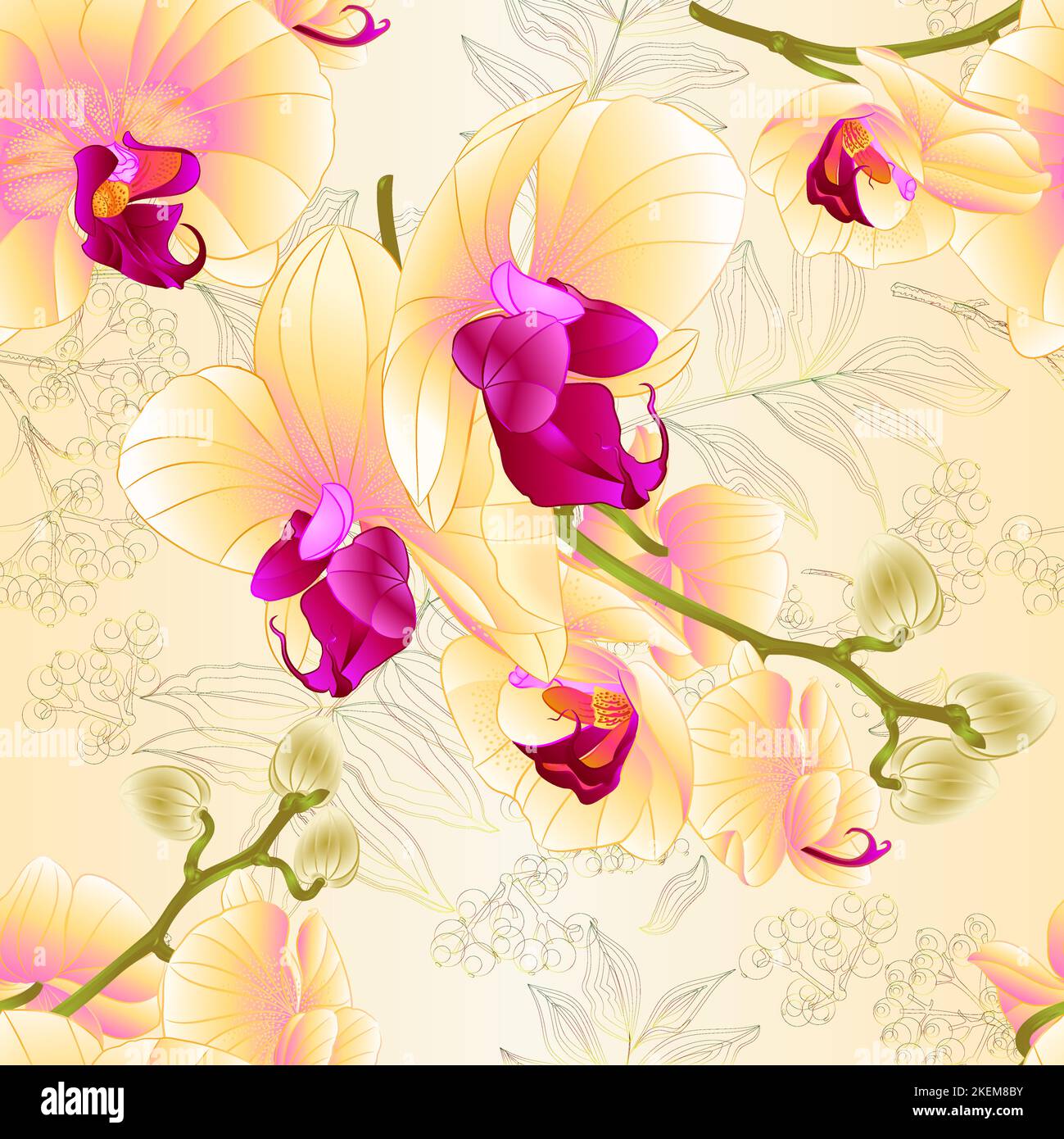 Seamless Texture Branches Orchids Yellow Flowers Tropical Plant