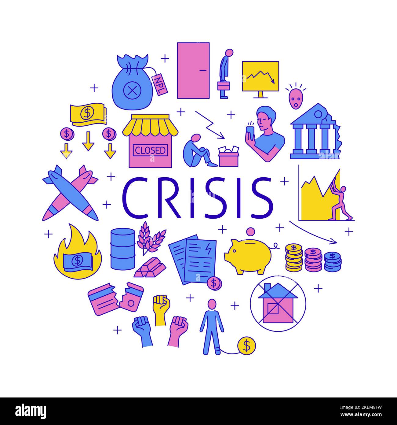 Economic and financial crisis round banner in colored line style ...