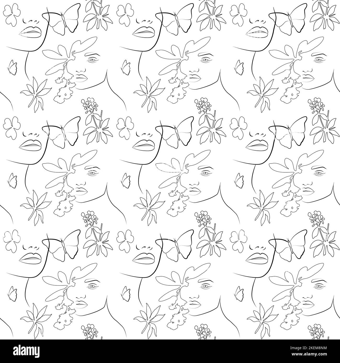 A continuous line drawing with a female face, leaves. Vector seamless ...