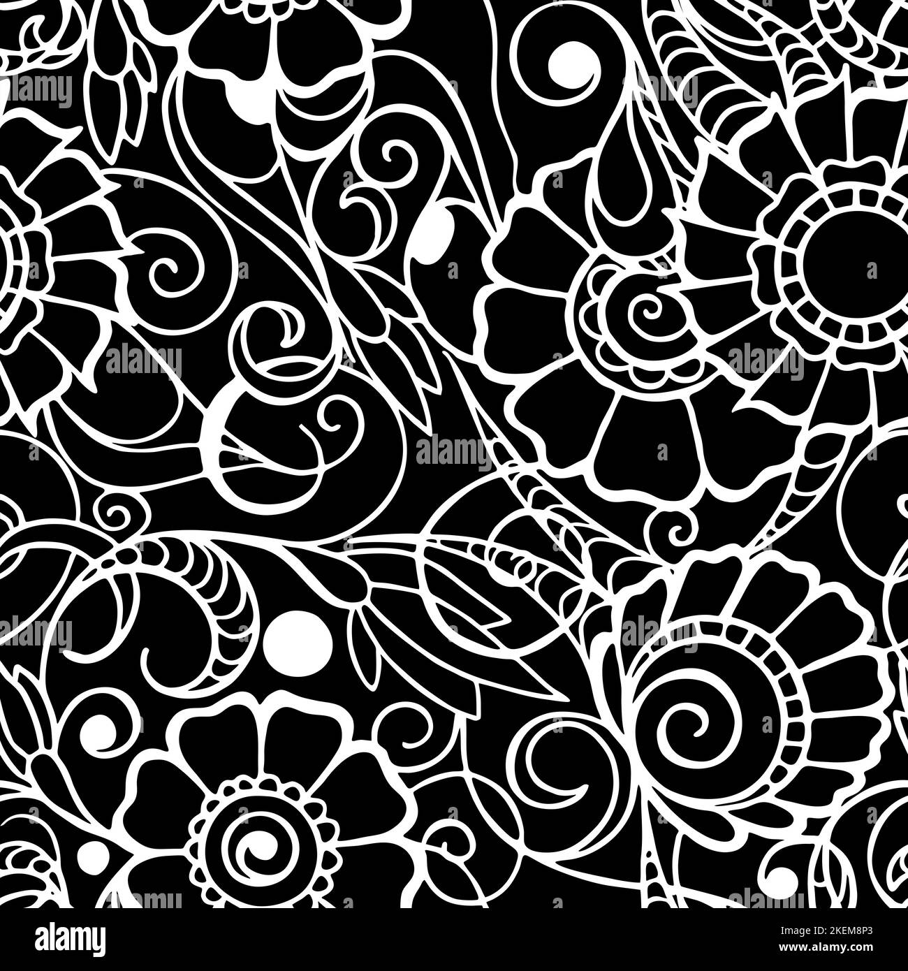 seamless contour pattern of large white graphic flowers on a black ...