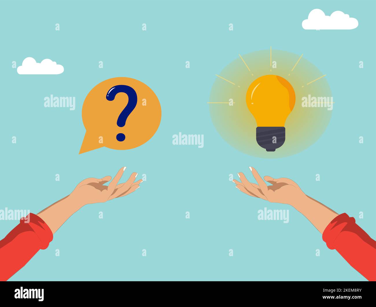 Question and answer, businessman hand holding question mark with other reply with lightbulb ...