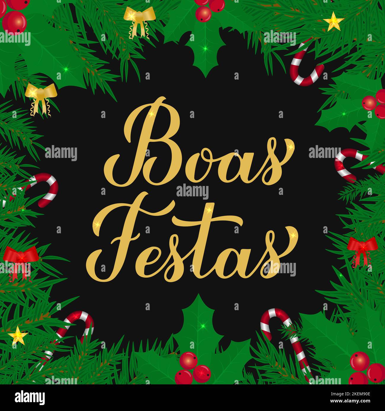 Boas Festas calligraphy hand lettering with fir tree branches. Happy ...