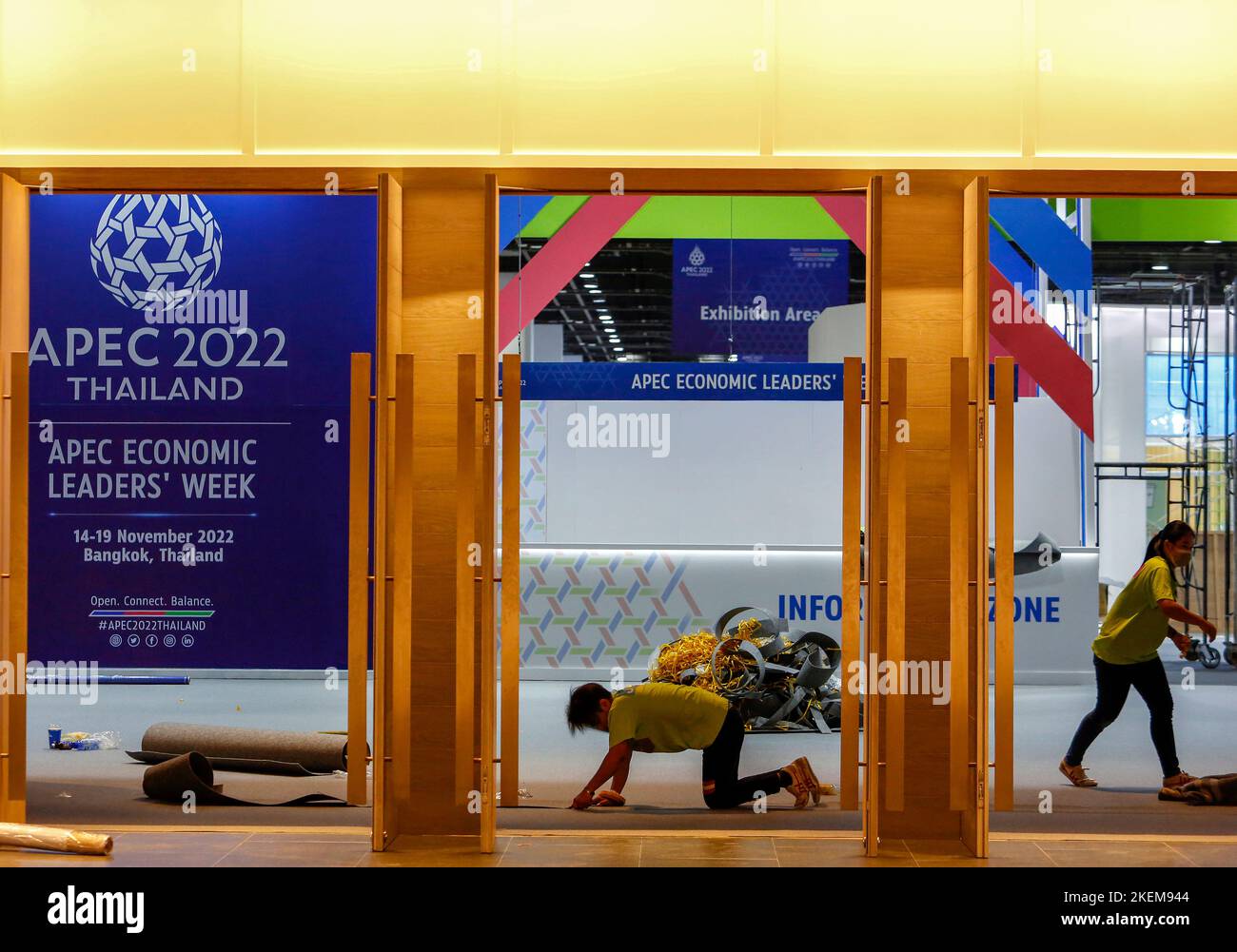 Workers prepare the venue for the Asia-Pacific Economic Cooperation ...