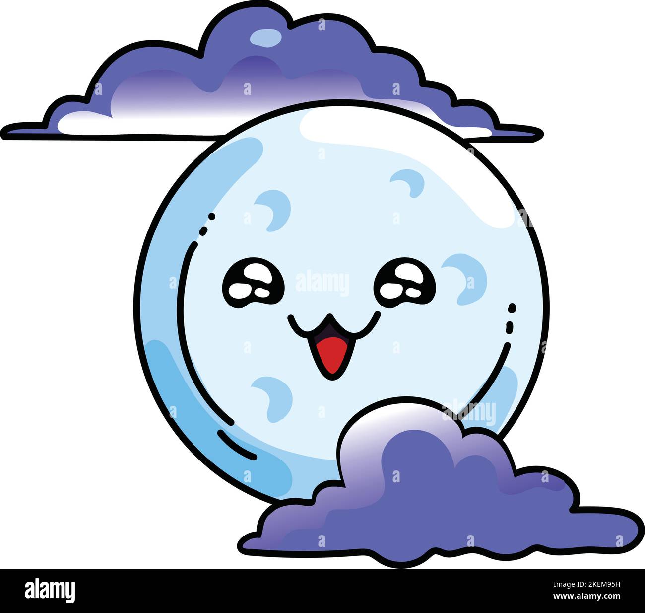 A cute cartoon moon with big tiny eyes surrounded by purple clouds on a ...