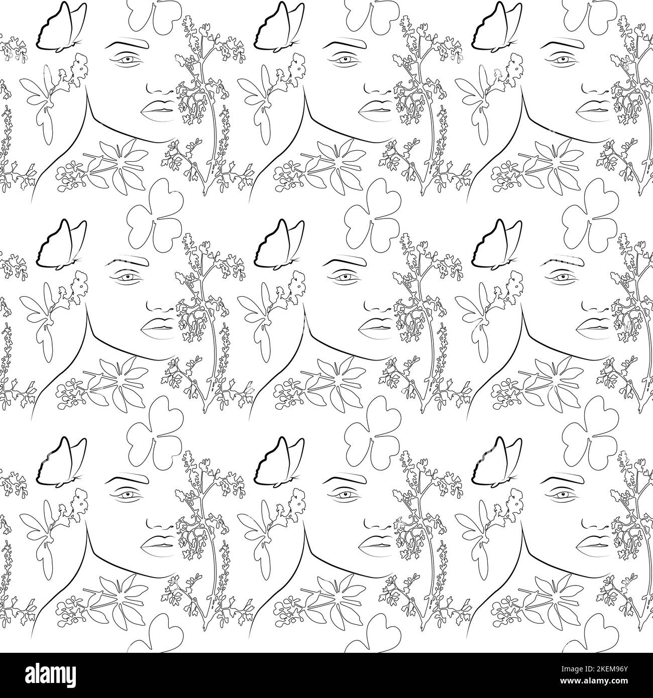 A continuous line drawing with a female face, leaves Stock Vector Image ...