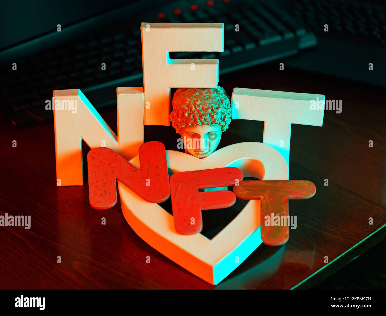 NFT inscription with ancient statue in neon light. Creative NFT concept ...