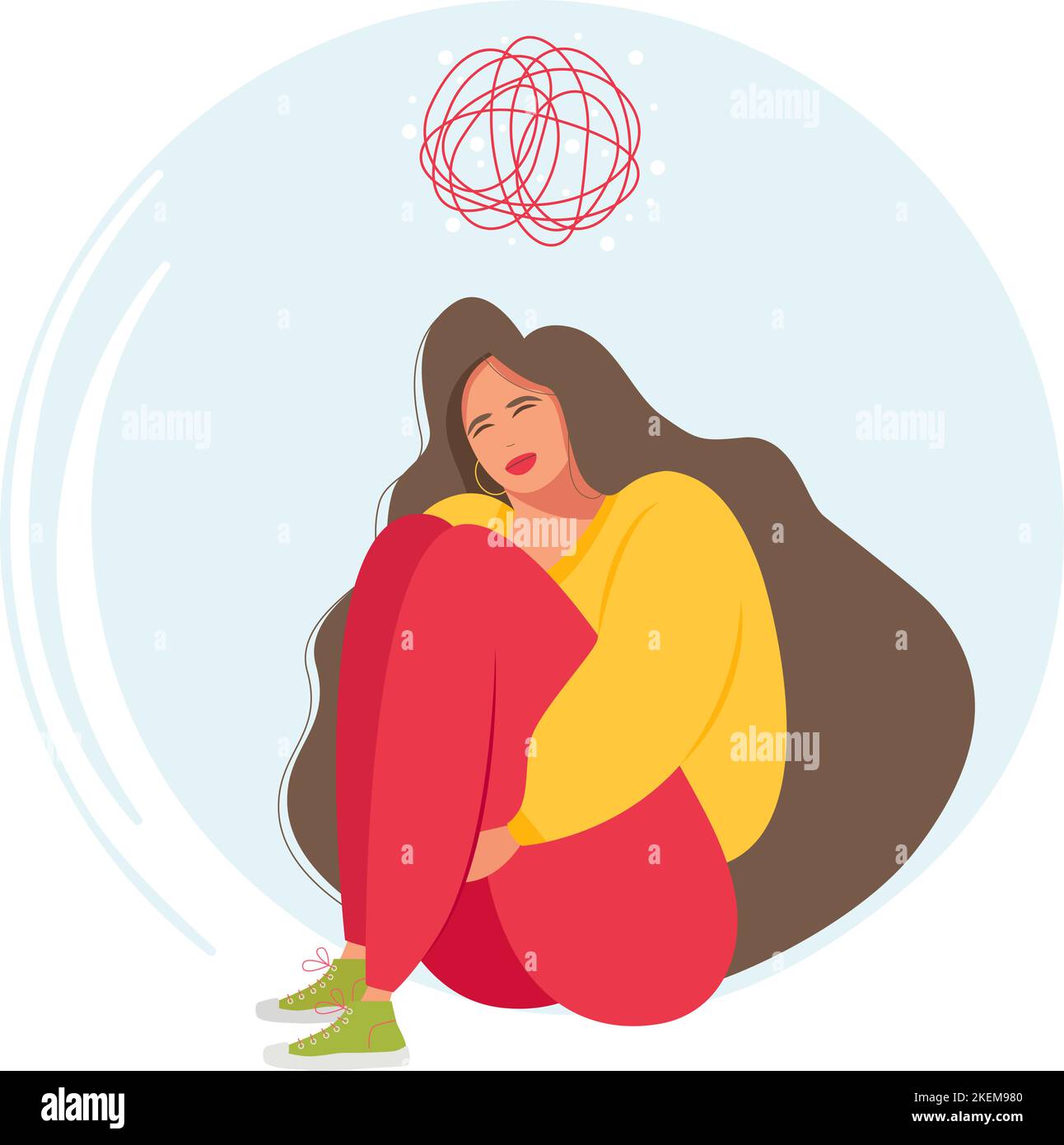 A sad young girl is sitting. The girl has confused thoughts Stock ...