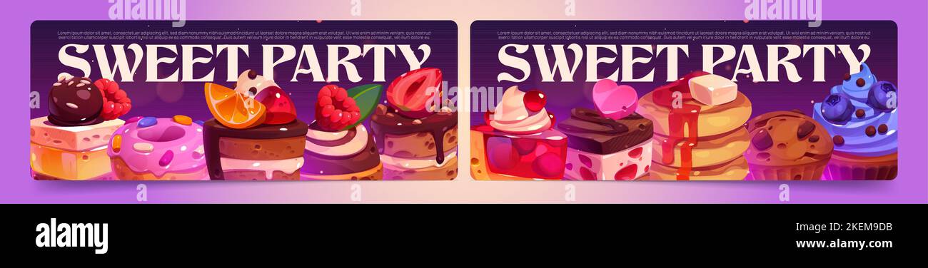 Sweet party cartoon banners with bakery desserts, pastry, chocolate ...