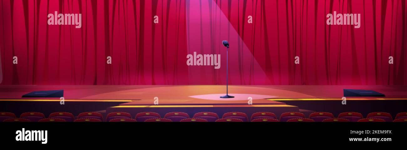 Stage with red curtains and microphone under spotlight beam. Podium for ...