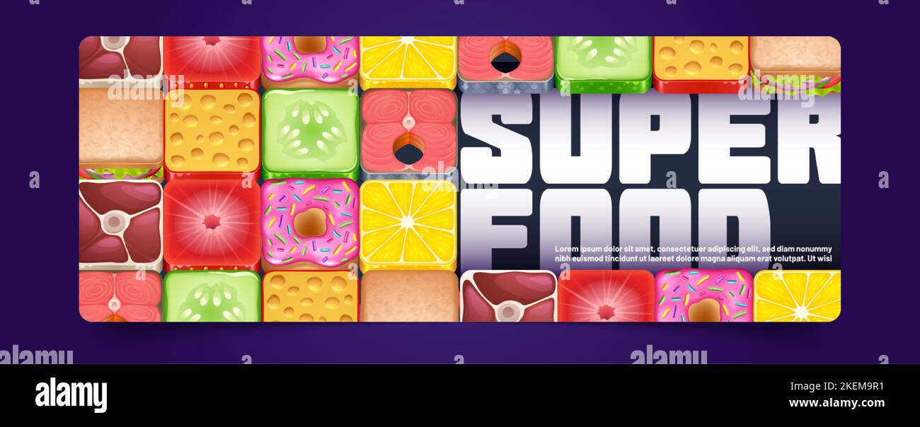 Super food banner with pattern of square icons with texture of fish ...