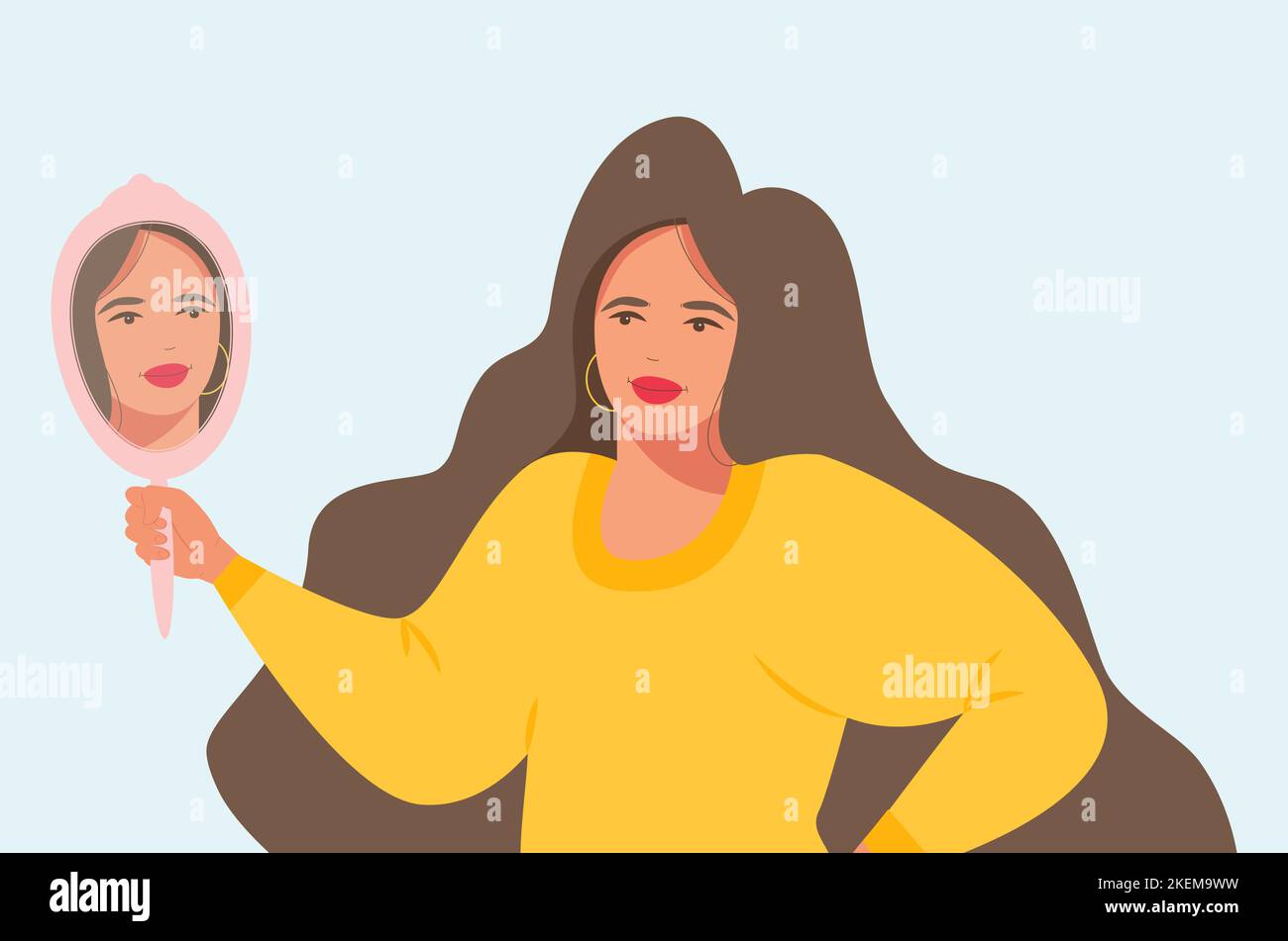 A beautiful young woman looks in the mirror. Sees his happy reflection ...