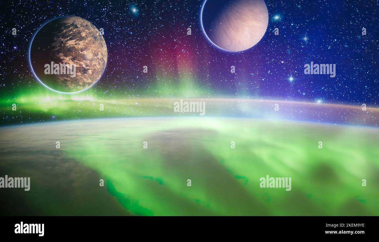 Chaotic space background. Planets, stars and galaxies in outer space ...