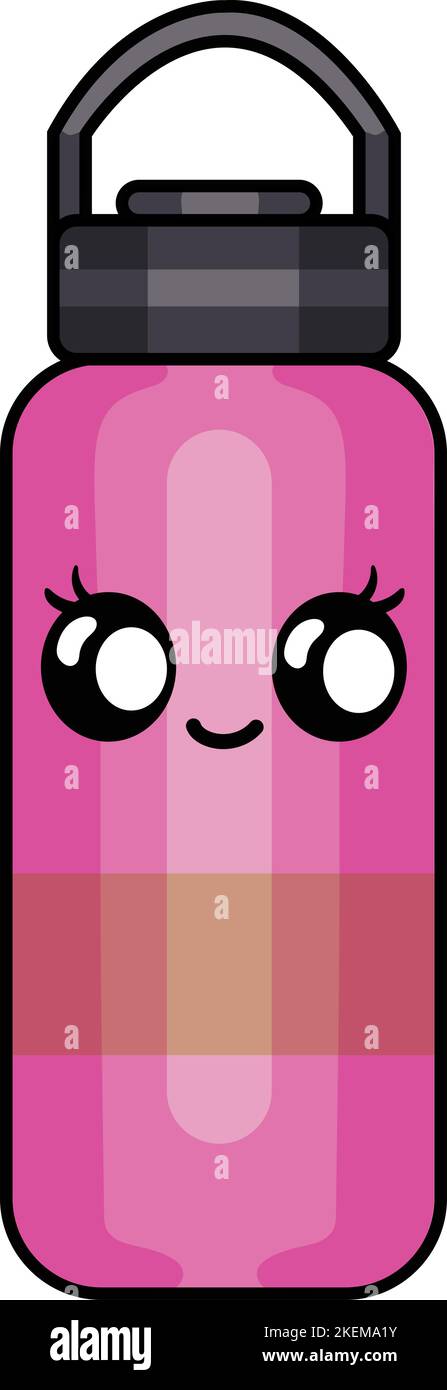 A cute pink cartoon drink bottle with high shiny eyes on a white ...