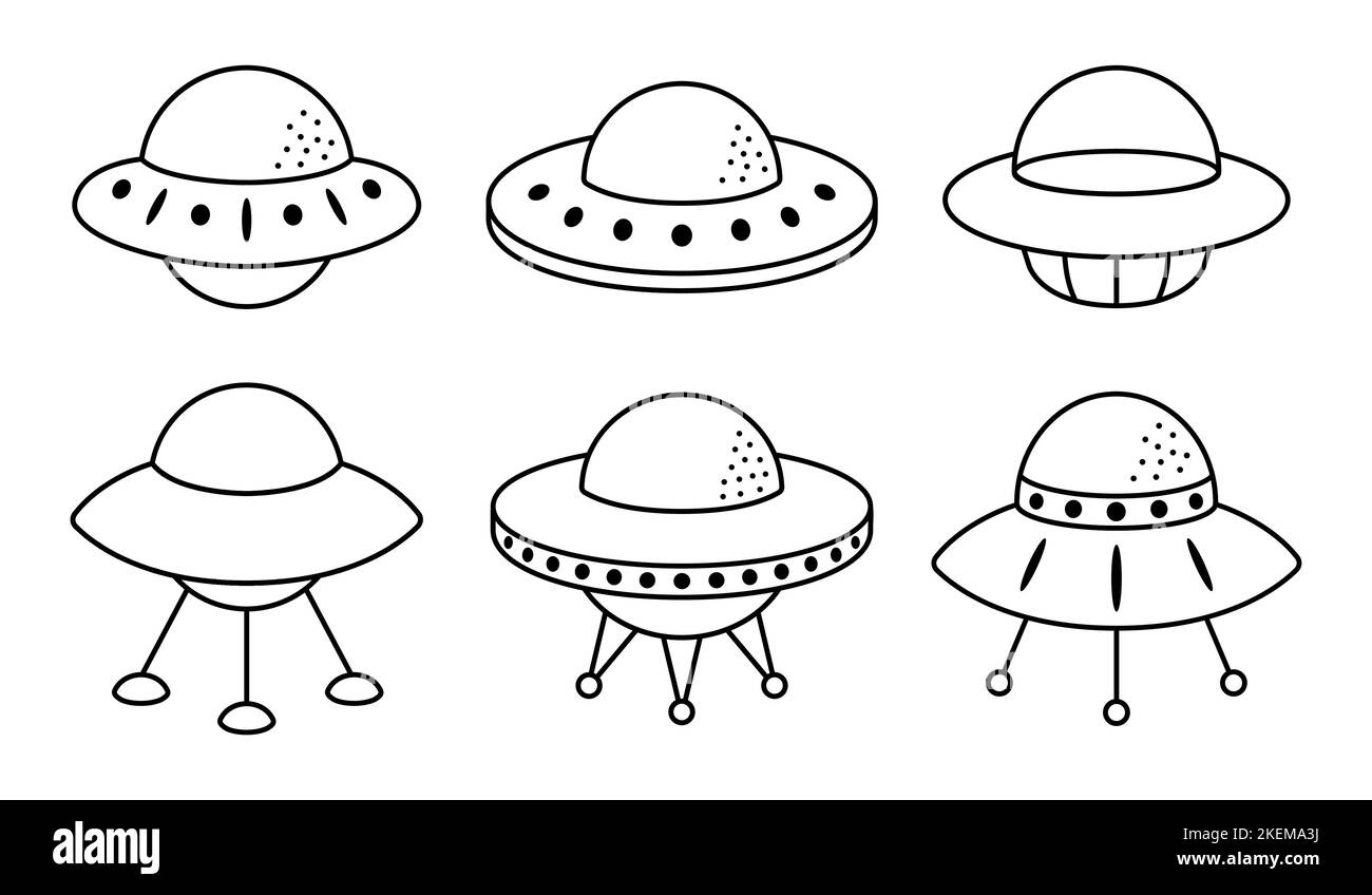 Collection of outline alien flying saucers. UFO contour illustration ...