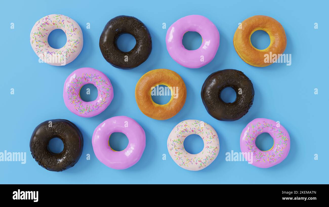 Assorted donuts with colorful icings on blue background. Colorful ...