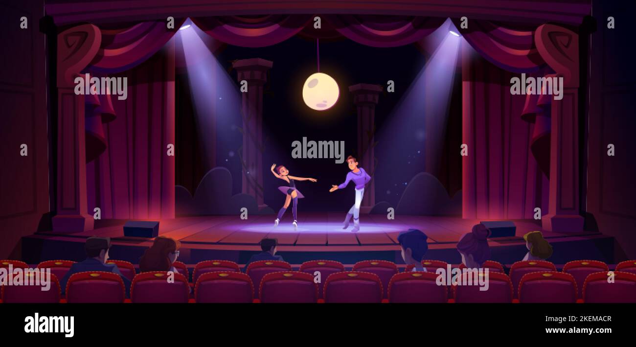 Ballet dancers perform on theater scene. Ballerina and man artist wear ...