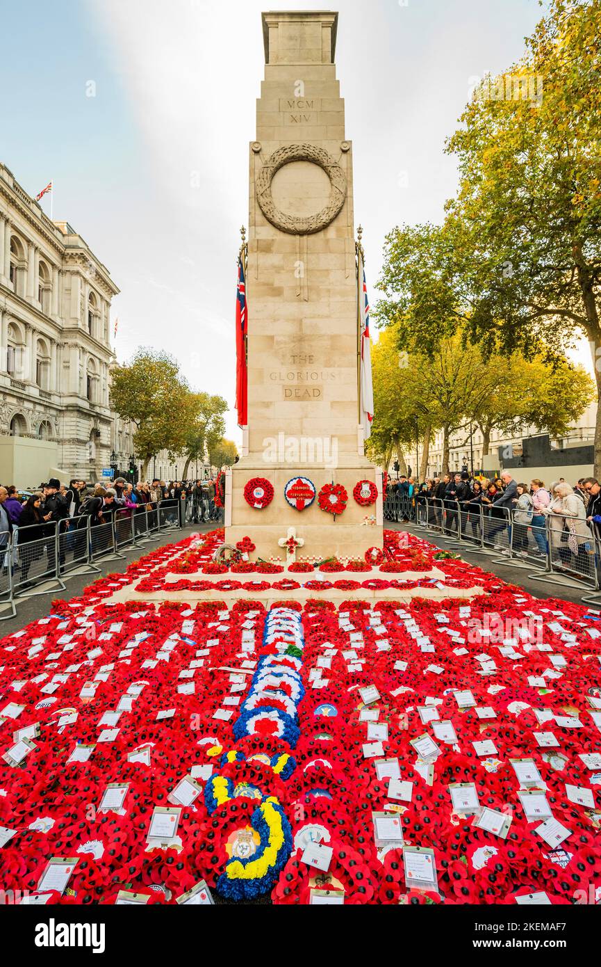 London, UK. 13th Nov, 2022. Remembrance sunday wreaths at the Cenotaph ...