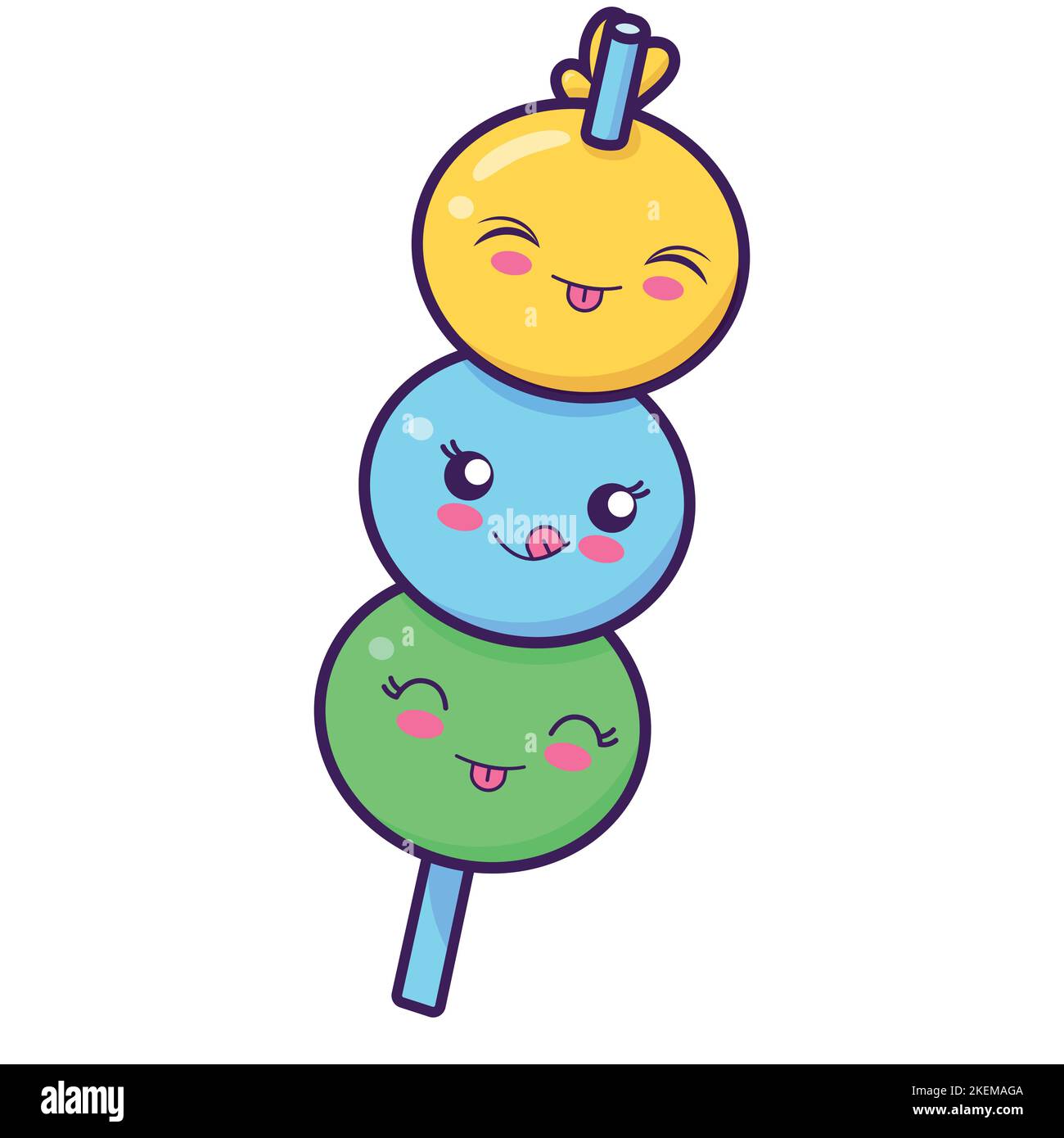 A cute set of green blue and yellow dango with cheerful expressions on ...