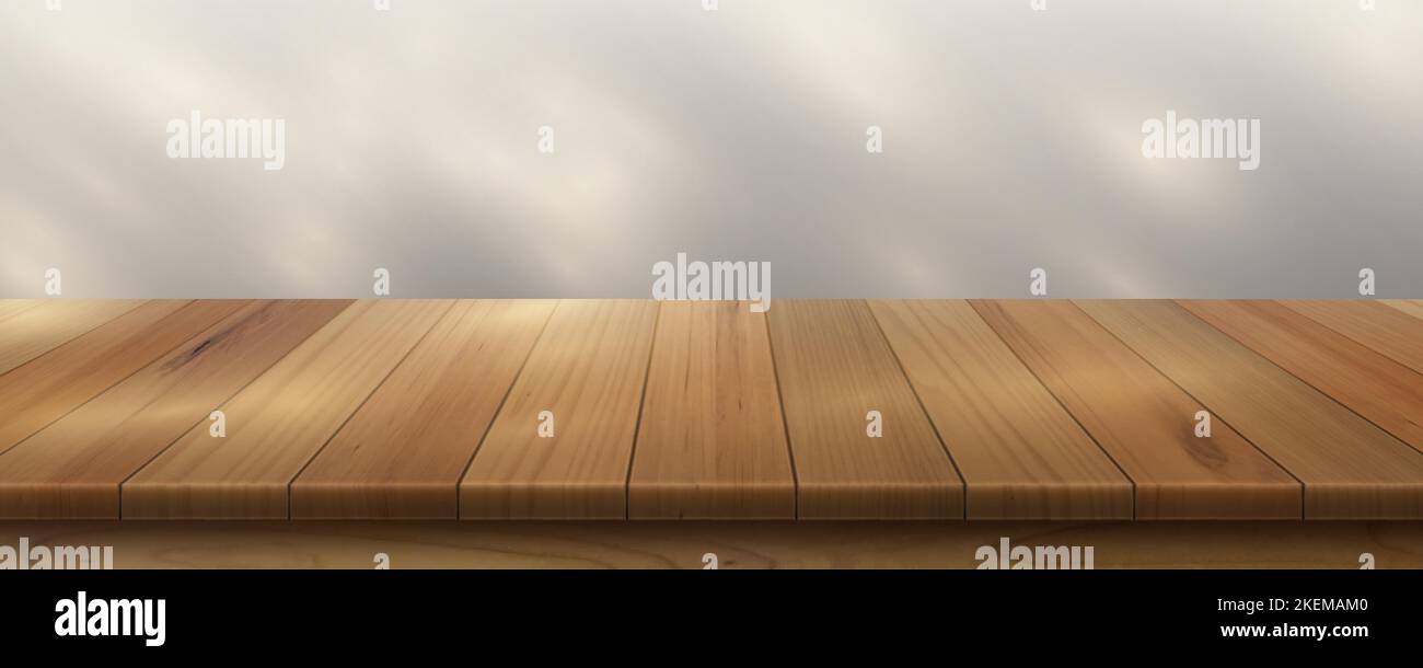 Wooden kitchen tabletop with sunlight, wood table foreground front view ...