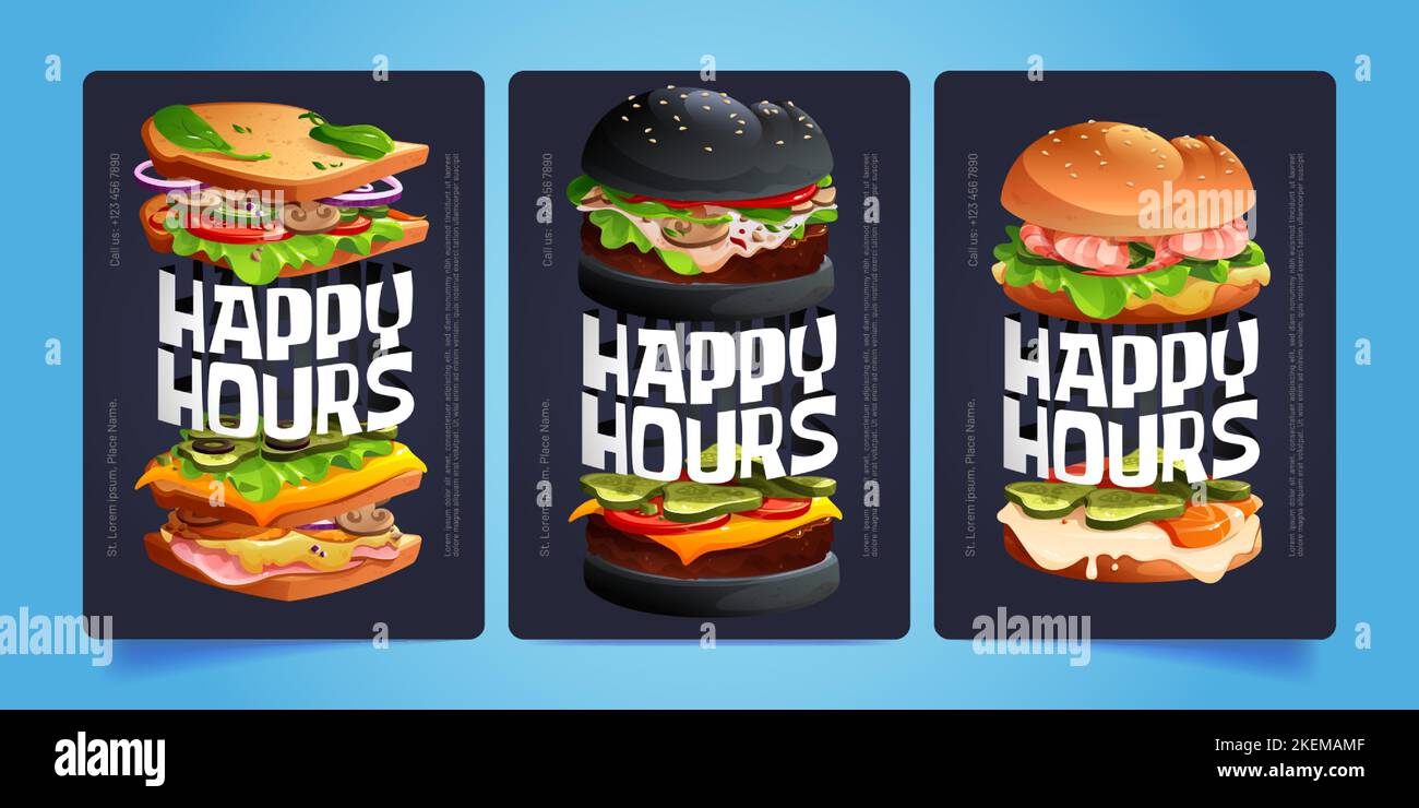 Cartoon set of happy hours promo flyer templates for fast food ...