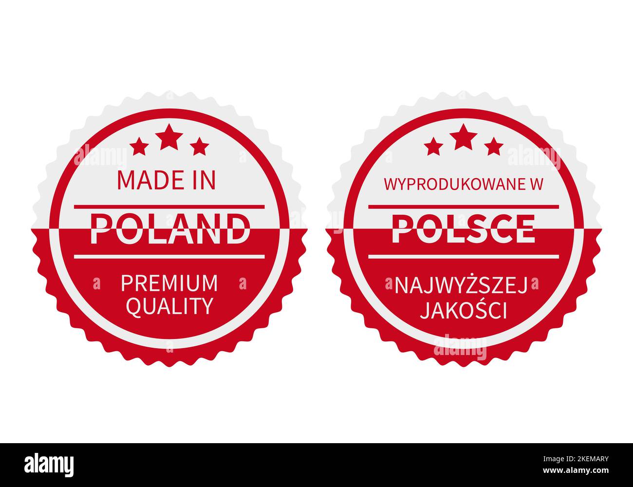 Made in Poland round labels in English and in Polish languages. Quality ...
